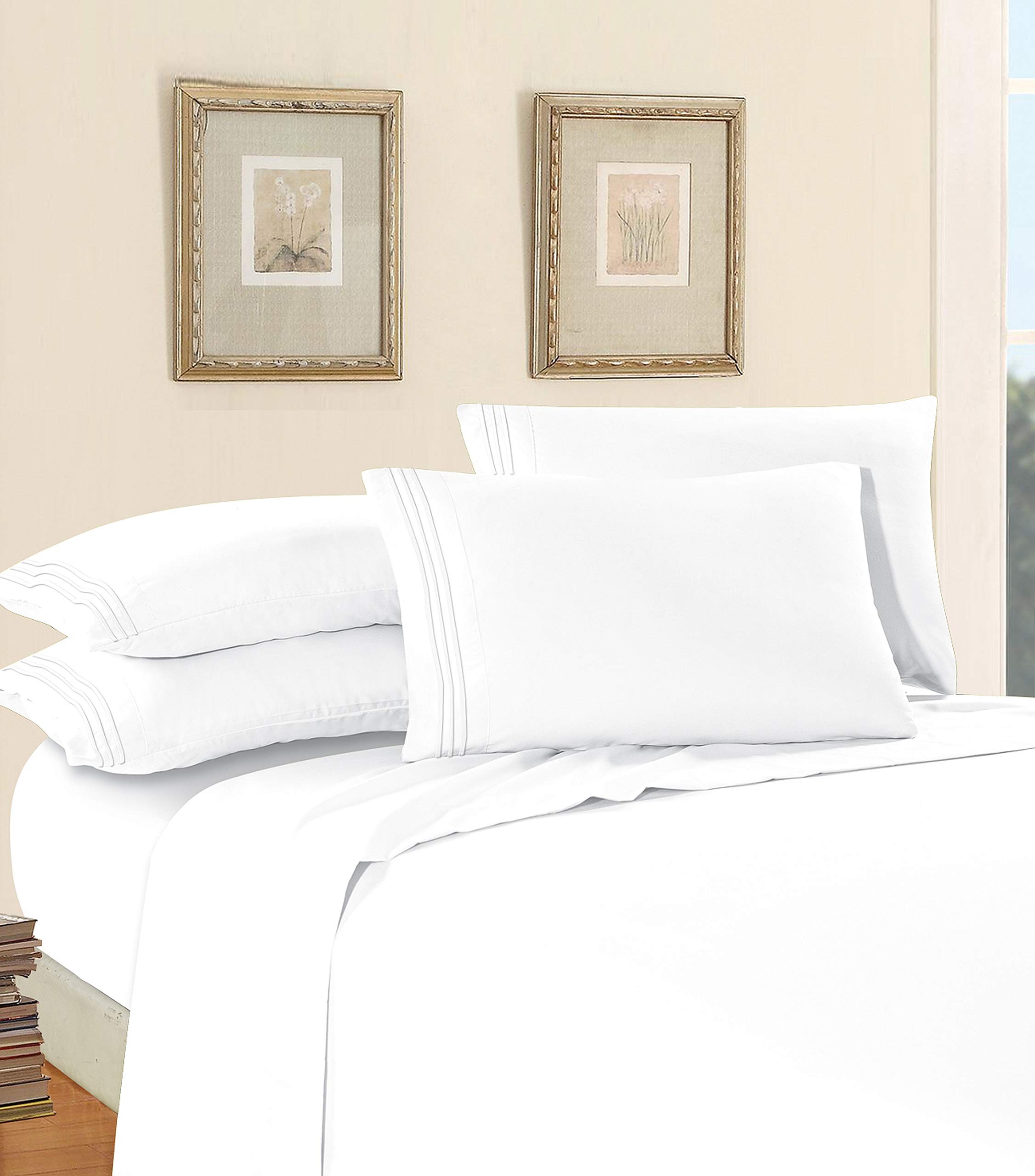 Elegant Comfort Luxury 1500 Premium Hotel Quality Microfiber 4-Piece Sheet Set - Wrinkle Resistant, All Around Elastic Fitted Sheet, Deep Pocket up to 16", Twin/Twin XL, White