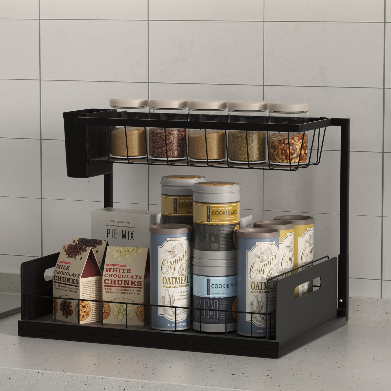 ZHLMIEEX Under Sink Organizer, Pull Out Cabinet Organizer 2-Tier L Shaped Metal Slide Out Sliding Shelf Under Cabinet Storage Multi-Use for Under Kitchen Bathroom Sink Organizers and Storage