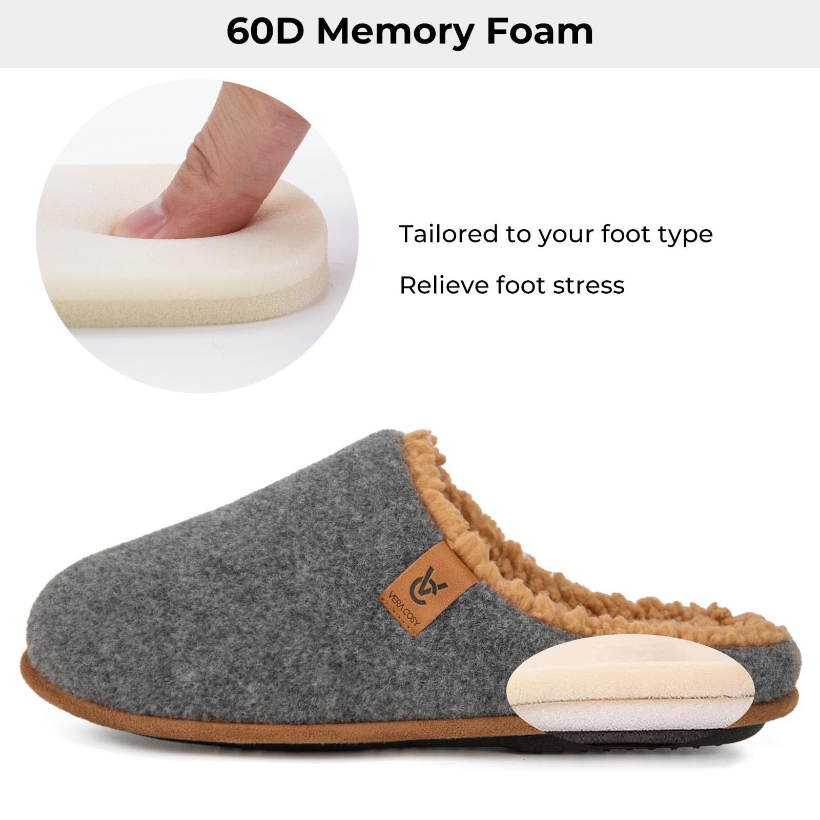 VeraCosy Men's Cozy Faux Wool Slippers Warm Memory Foam Indoor Slip on House Shoes Dark Gray, 11-12 US