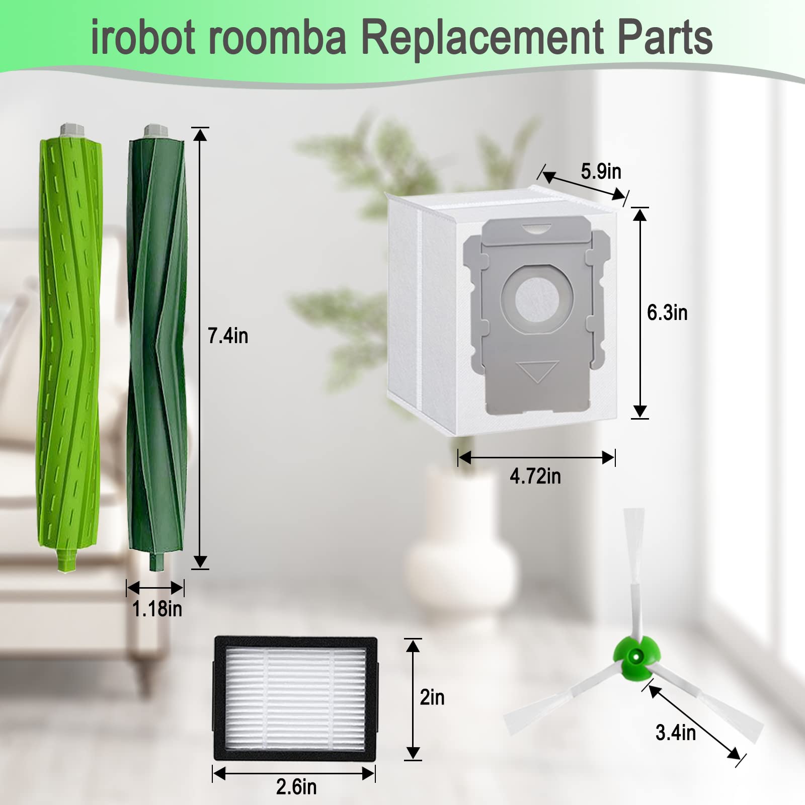 CauYien 26 Pack Replacement Parts accessories for iRobot Roomba i3 i3+ i4 i6 i6+ i7 i7+ E5 E6 E7 j7 I & E j Series Vacuum Cleaner,2 Set Rubber Brushes,8 Vacuum Filters,8 Side Brushes,8 Vacuum Bags