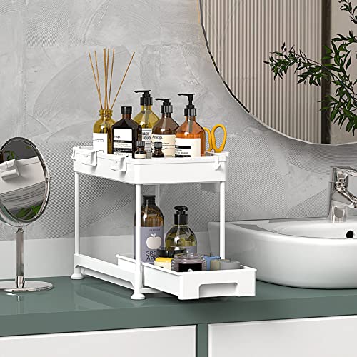 SPACELEAD Under Sink Organizers and Storage for Bathroom 2 Tier Sliding Cabinet Basket Organizer Drawers , Kitchen with Hooks The Bottom Can Be Pulled Out White
