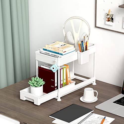 SPACELEAD Under Sink Organizers and Storage for Bathroom 2 Tier Sliding Cabinet Basket Organizer Drawers , Kitchen with Hooks The Bottom Can Be Pulled Out White