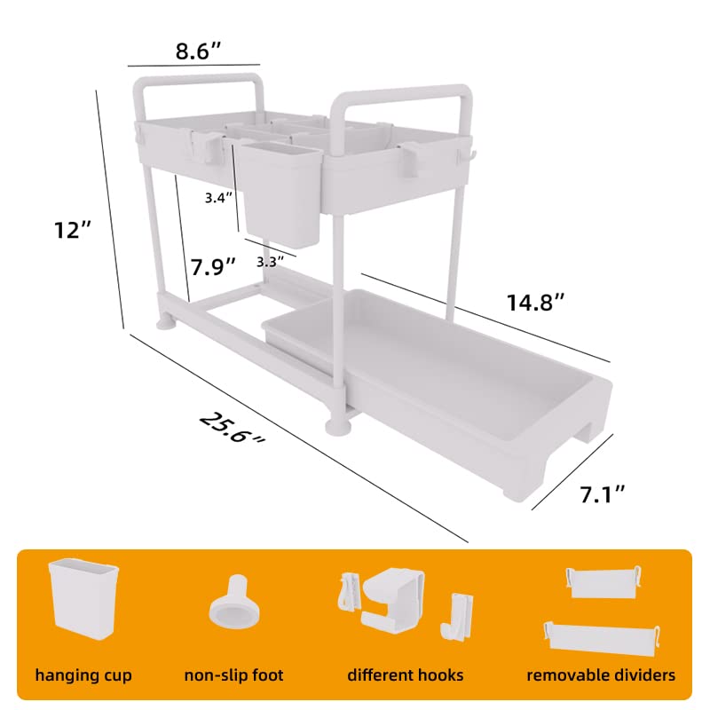 Under Sink Organizer, Sliding Cabinet Basket Organizer 2 Tier Under Bathroom Storage Rack with Hooks, Hanging Cup, Dividers, Multi-purpose Storage Shelf for Bathroom Kitchen (White)