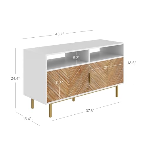 Nathan James Izsak Media Console, TV Stand, Entertainment Cabinet with Herringbone Doors and Cubby Storage in a Fir Wood Finish for Living, Dining Room or Entryway, Brown/White/Gold