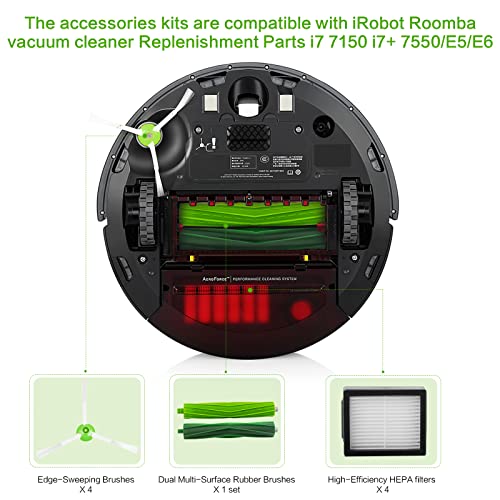 ARyee Replacement Parts Compatible with iRobot Roomba i7 i7+ i3 i3+ i4 i4+ i1 i1+ i6 i6+ i8 i8+ E5 E6 J7 J7+ Vacuum Cleaner Set, 1 Set of Multi-Surface Rubber Brushes, 4 HEPA Filters, 4 Side Brushes