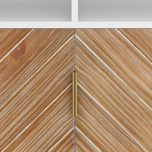Nathan James Izsak Media Console, TV Stand, Entertainment Cabinet with Herringbone Doors and Cubby Storage in a Fir Wood Finish for Living, Dining Room or Entryway, Brown/White/Gold