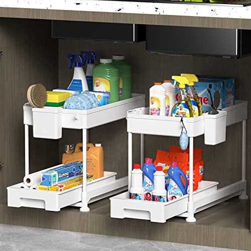 SPACELEAD Under Sink Organizers and Storage for Bathroom 2 Tier Sliding Cabinet Basket Organizer Drawers , Kitchen with Hooks The Bottom Can Be Pulled Out White
