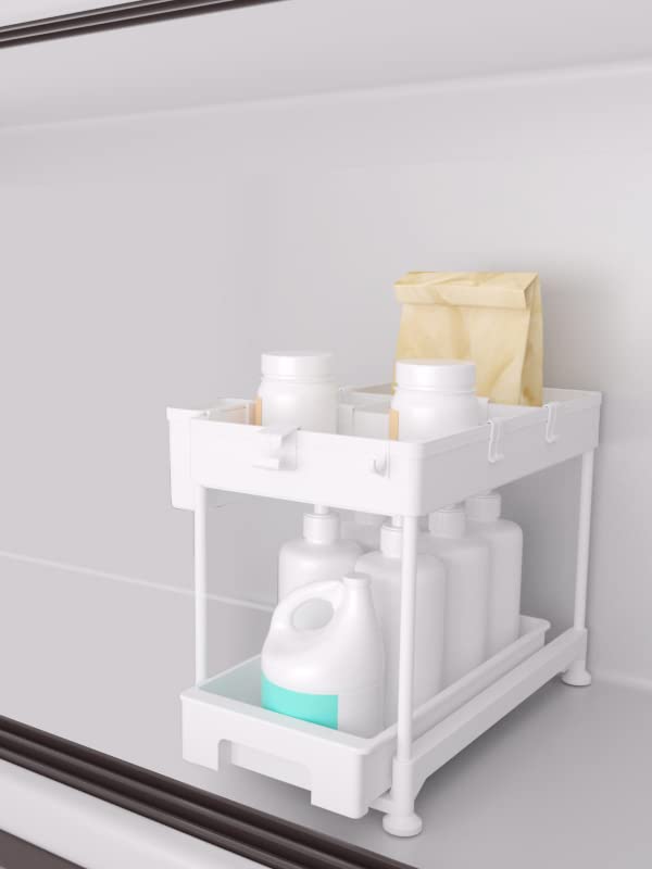 Under Sink Organizer, Sliding Cabinet Basket Organizer 2 Tier Under Bathroom Storage Rack with Hooks, Hanging Cup, Dividers, Multi-purpose Storage Shelf for Bathroom Kitchen (White)