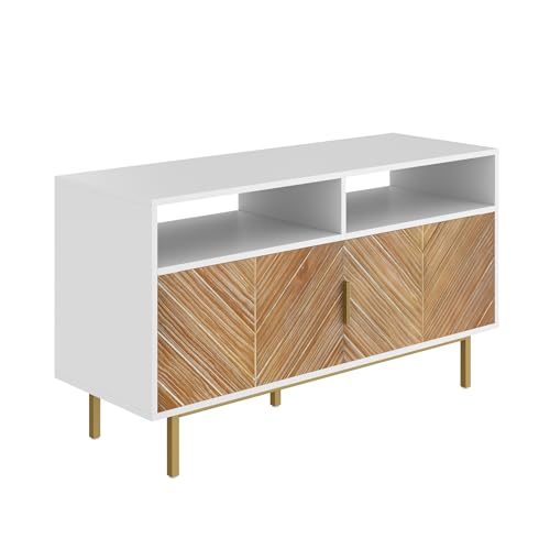 Nathan James Izsak Media Console, TV Stand, Entertainment Cabinet with Herringbone Doors and Cubby Storage in a Fir Wood Finish for Living, Dining Room or Entryway, Brown/White/Gold