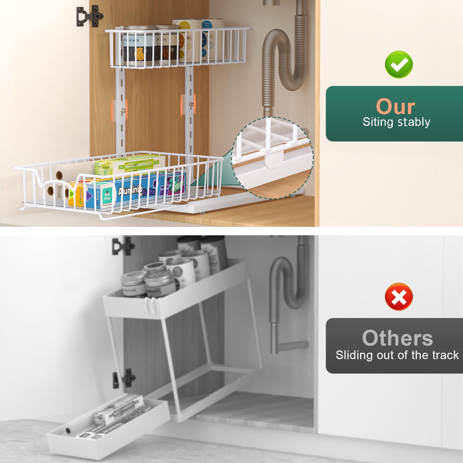 Beainbox Under Sink Organizer, Adjustable Metal Under Sink Storage, Put Out Sink Cabinet Organizer of Kitchen Bathroom