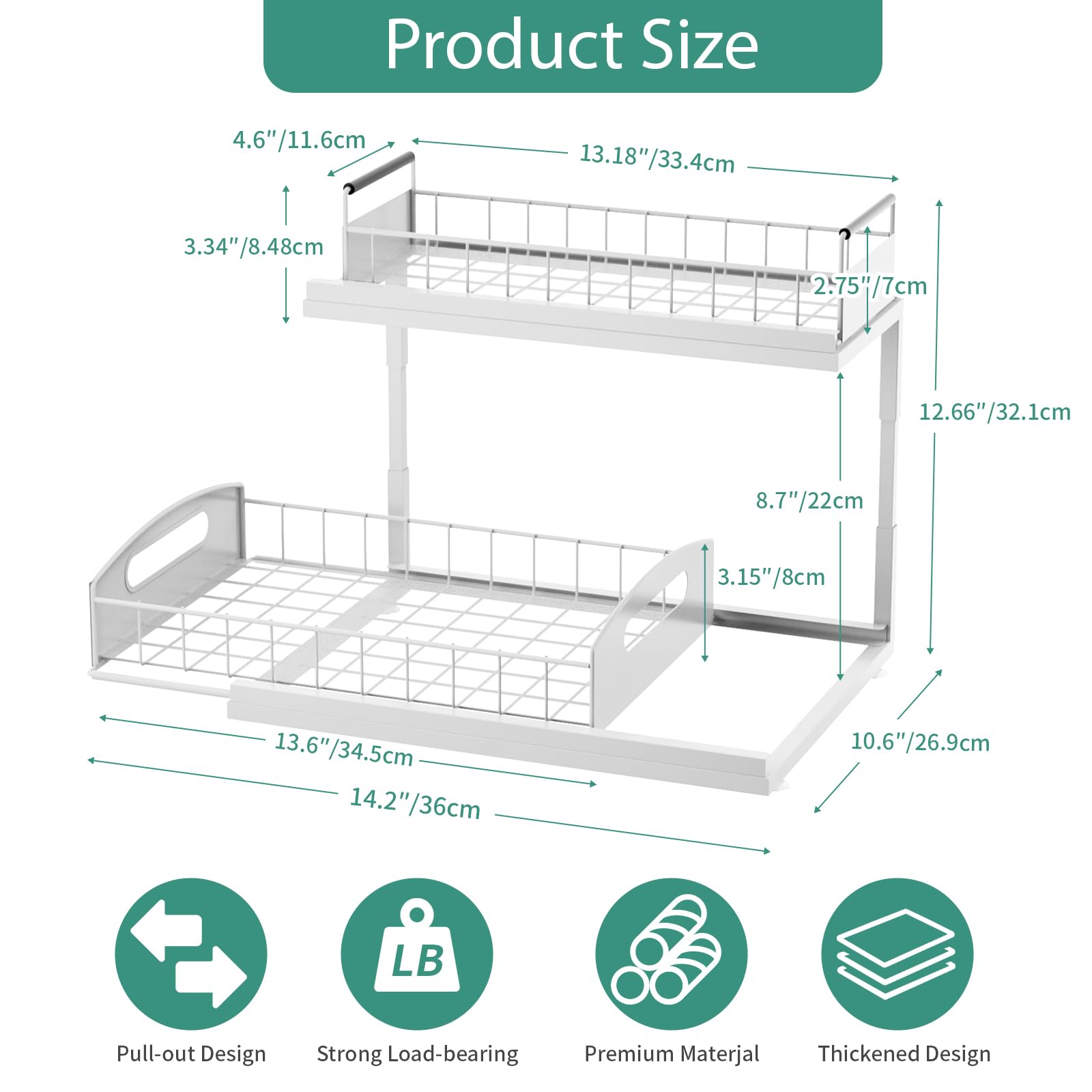 HOJAYK Under Sink Organizer, 2-Tier Metal Put Out Under Kitchen Sink Organizers and Storage, Sliding Shelf Cabinet Organizer for Kitchen, Bathroom, Desk - White