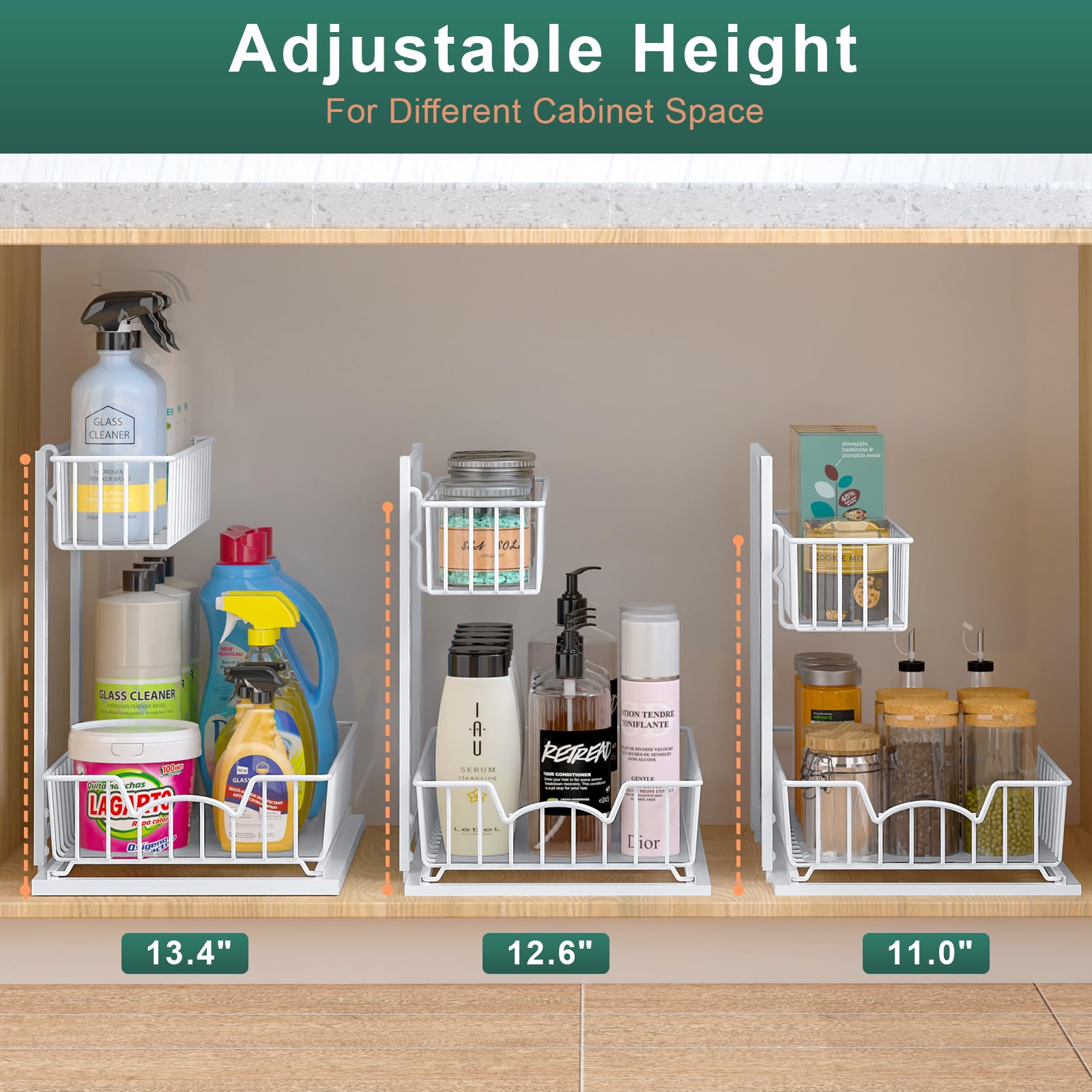 Beainbox Under Sink Organizer, Adjustable Metal Under Sink Storage, Put Out Sink Cabinet Organizer of Kitchen Bathroom