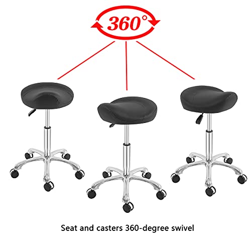 MWOSEN Saddle Stool Rolling Swivel Height Adjustable with Wheels. Ergonomic Saddle Chair Salon, Spa, Tattoo, Pedicure, Massage -Esthetician Chair(Black)