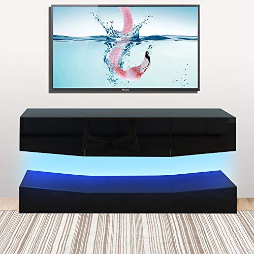 Goujxcy LED TV Stand Cabinet, Wall Mounted Upper and Lower Layer Modern Entertainment Center Unit, High Gloss 3 Storage Drawers, RGB LED Lights, 47.3'', Black