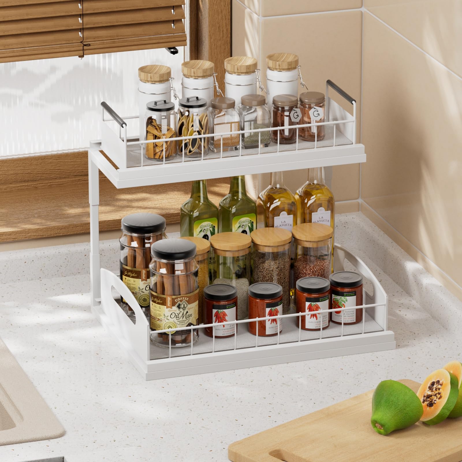 HOJAYK Under Sink Organizer, 2-Tier Metal Put Out Under Kitchen Sink Organizers and Storage, Sliding Shelf Cabinet Organizer for Kitchen, Bathroom, Desk - White