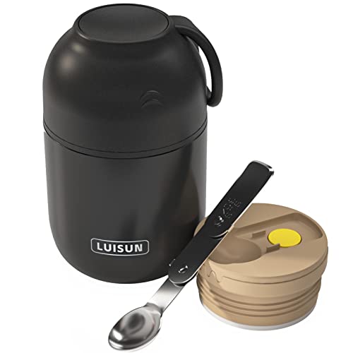 Luisun 17 Oz Insulated Food Thermos Soup Thermos for Hot Food Kids Adults, 304 Stainless Steel Food Container with Folding Spoon, Vacuum Insulated Portable for School, Office, Outdoor (Black)