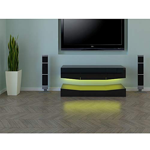 Goujxcy LED TV Stand Cabinet, Wall Mounted Upper and Lower Layer Modern Entertainment Center Unit, High Gloss 3 Storage Drawers, RGB LED Lights, 47.3'', Black