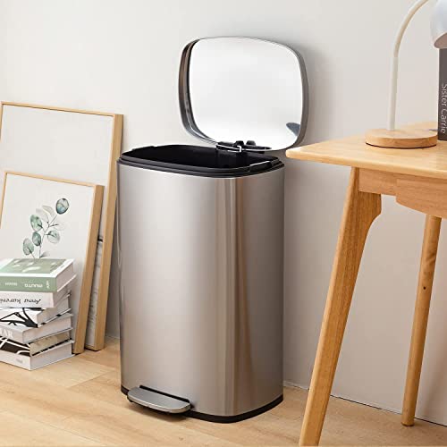 YYkokocat Kitchen Bathroom Trash Can, Bathroom Trash Cans with Lids, Stainless Steel Trash Can 13 Gallon, Step Trash Can Kitchen, Soft Close Garbage Can, 13.2 Gallon / 50 Liter (Sliver)