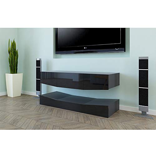 Goujxcy LED TV Stand Cabinet, Wall Mounted Upper and Lower Layer Modern Entertainment Center Unit, High Gloss 3 Storage Drawers, RGB LED Lights, 47.3'', Black