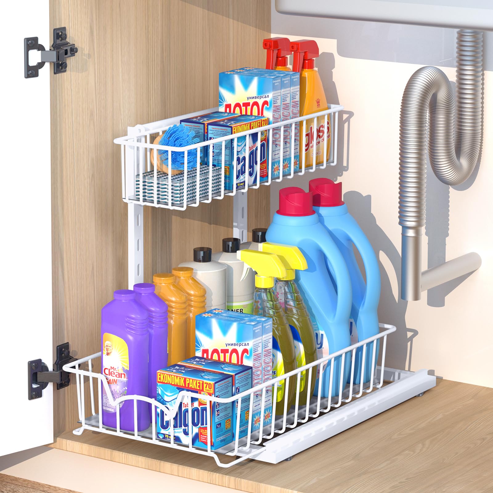 Beainbox Under Sink Organizer, Adjustable Metal Under Sink Storage, Put Out Sink Cabinet Organizer of Kitchen Bathroom