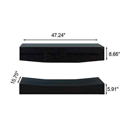 Goujxcy LED TV Stand Cabinet, Wall Mounted Upper and Lower Layer Modern Entertainment Center Unit, High Gloss 3 Storage Drawers, RGB LED Lights, 47.3'', Black