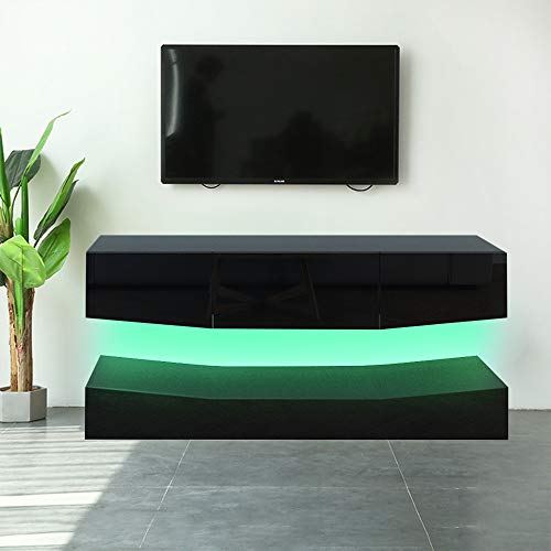 Goujxcy LED TV Stand Cabinet, Wall Mounted Upper and Lower Layer Modern Entertainment Center Unit, High Gloss 3 Storage Drawers, RGB LED Lights, 47.3'', Black