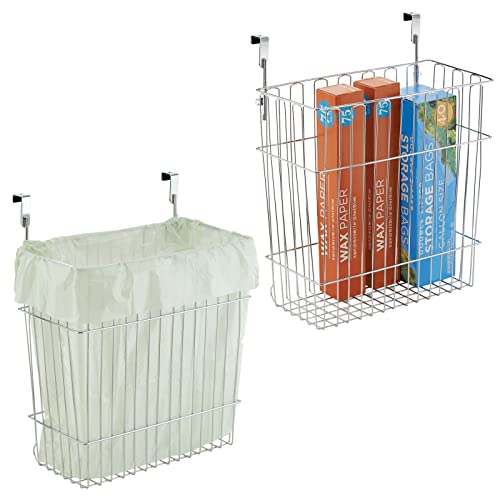 mDesign Steel Metal Wire Hanging Over Door Kitchen Storage Organizer Basket/Trash Can - Hangs Over Cabinet Doors for Bags, Tin Foil, Wax Paper, Saran Wrap - Concerto Collection - 2 Pack - Chrome