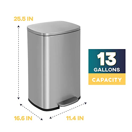 YYkokocat Kitchen Bathroom Trash Can, Bathroom Trash Cans with Lids, Stainless Steel Trash Can 13 Gallon, Step Trash Can Kitchen, Soft Close Garbage Can, 13.2 Gallon / 50 Liter (Sliver)