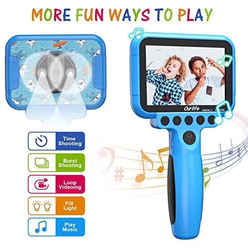 Ourlife Kids Camera for Boys, 1080p FHD 60x Macro Kids Selfie Camera with Magnifier Function, Digital Video Camera - Large 3.5-inch Screen with 16GB TF Card, Excellent Gift for Ages 6+ (Blue)