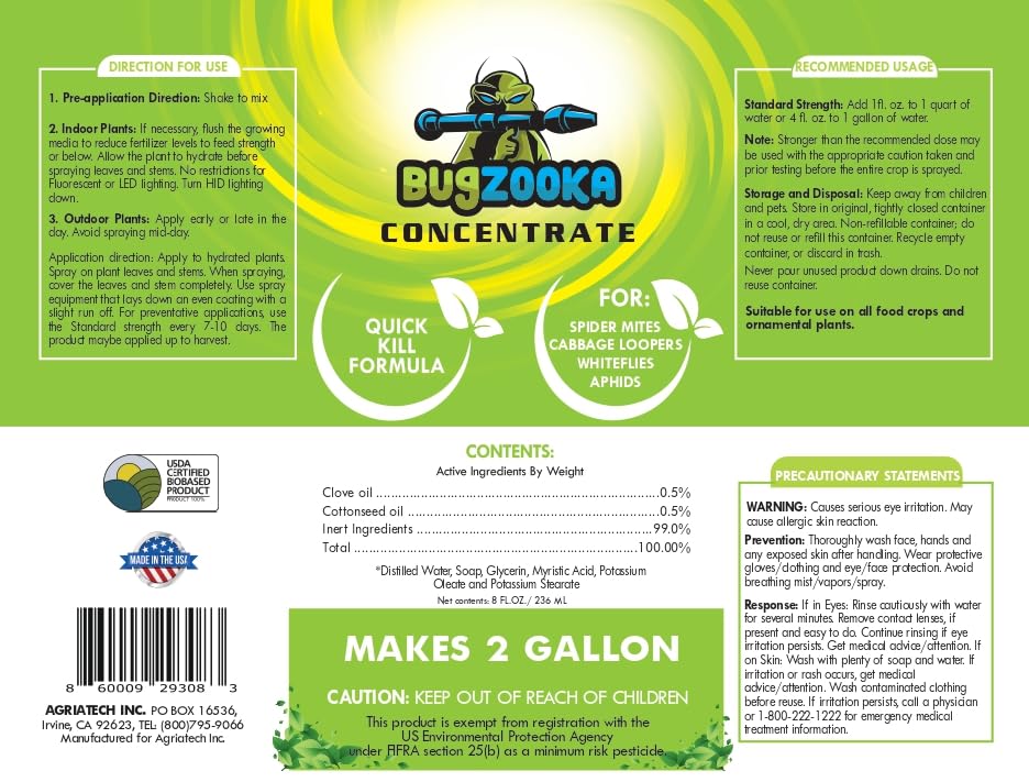 BugZooka 8oz Concentrate: Makes 2 Gallons All Natural Prevents Ants, Spiders, Aphids, Whiteflies, Caterpillars, Thrips, Stink Bugs,miticides, Pesticides, and Fungicide All Stages of Crops USDA