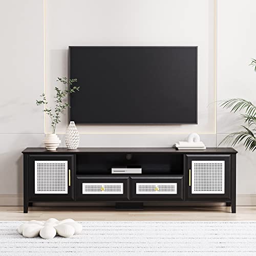LZ LEISURE ZONE Farmhouse Rattan TV Stand for TVs up to 65", Boho Style Entertainment Center with Gold Metal Handles, Modern TV Console Table with Drawers and Cabinets for Living Room, Black