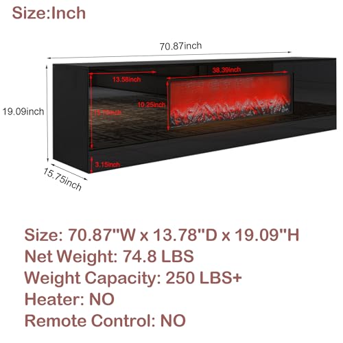 Daxue 71” TV Stand with Electric Fireplace Removable, Black Entertainment Center with Storage, Media Console Cabinet for 75 inch TV