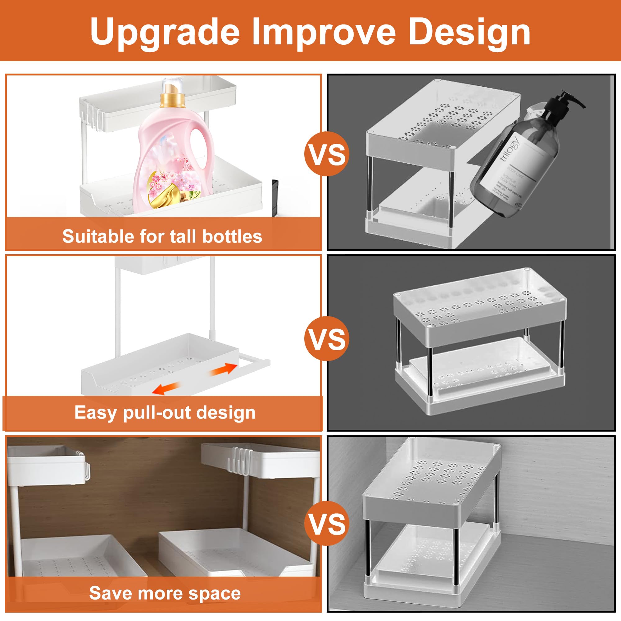 Under Kitchen Sink Organizers and Storage L-Shape Easy Assembly,Under Sink Organizer Kitchen Durable Pull-Out with Sliding Drawer,Bathroom Sink Organizer Large Capacity with Hooks,2 Pack,White