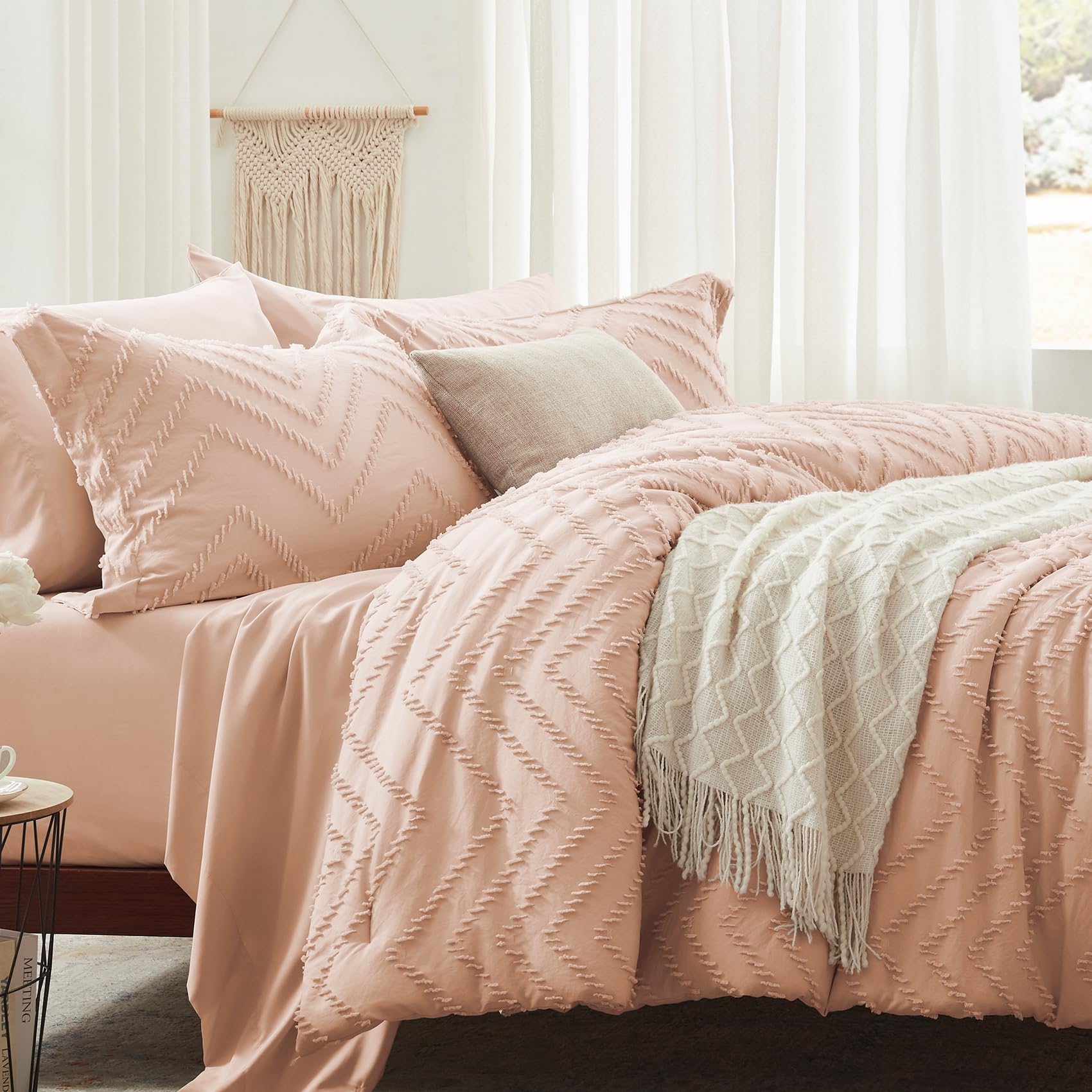 Anluoer Twin Comforter Set, Pink Tufted Bed in a Bag 5 Pieces with comforters and Sheets, All Season Bedding Sets with 1 Comforter, 1 PillowShams, 1 Pillowcases, 1 Flat Sheet, 1 Fitted Sheet