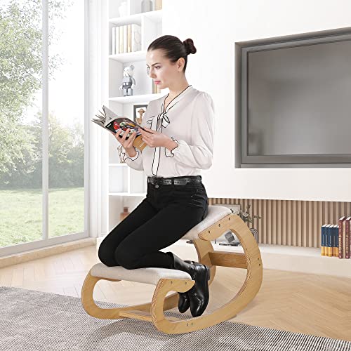 Predawn Ergonomic Kneeling Chair for Upright Posture - Rocking Chair Knee Stool for Home, Office & Meditation - Wood & Linen Cushion - Relieving Back and Neck Pain & Improving Posture (White Oak)