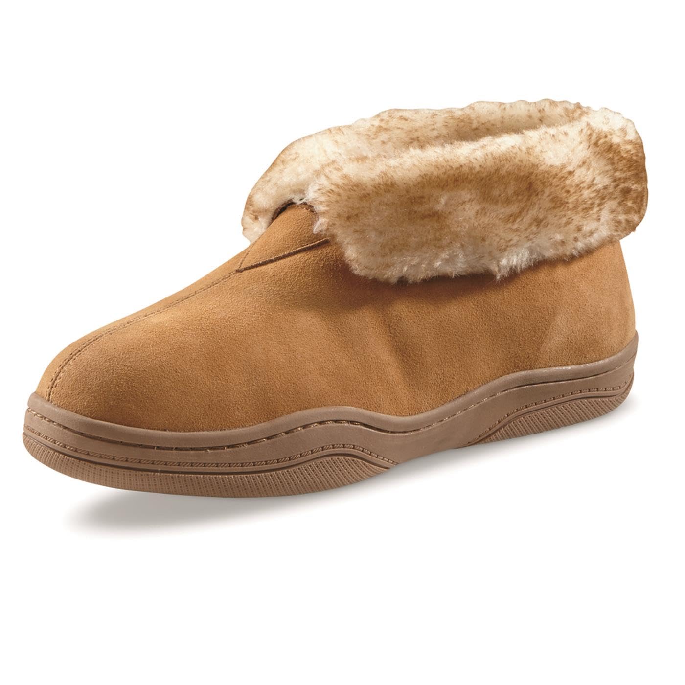 Guide Gear Men’s Bootie Slippers, Suede Soft Cushioned Bedroom House Shoes with Rubber Sole and Wool Blend Lining for Indoor Outdoor Use Chestnut 11D (Medium)
