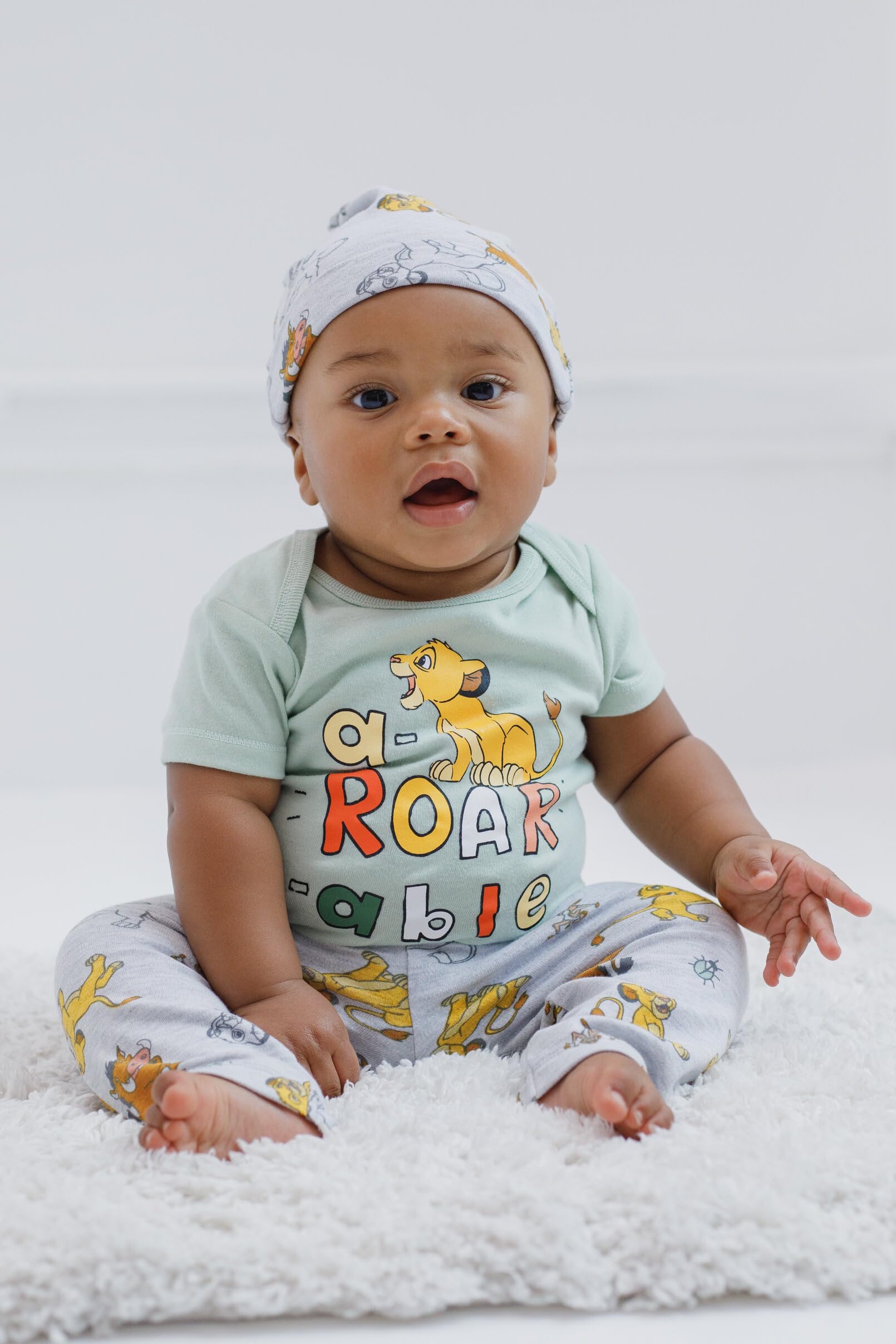 Disney Lion King Pumbaa Timon Simba Infant Baby Boys Bodysuit Pants and Hat 3 Piece Outfit Set Gray/Green 12 Months