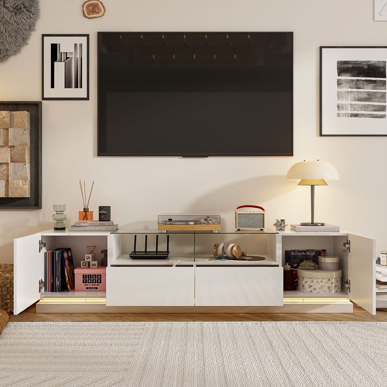 FAMAPY Modern TV Console Table with Lights & Glass Shelves, High Gloss TV Cabinet Media Console with Drawers and Doors, for Living Room White (66.9”W x 15.7”D x 17”H)