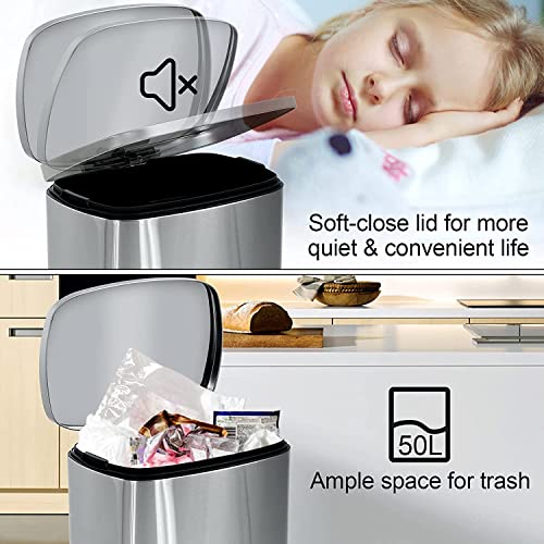 13 Gallon Steel Step Trash Can,Kitchen Trash Can with Lid & Inner Buckets , Stainless Steel Rectangular Garbage Bin , 50 L Pedal Soft Step Slow & Silent Open Close Dustbin for Kitchen, Office (Silver)