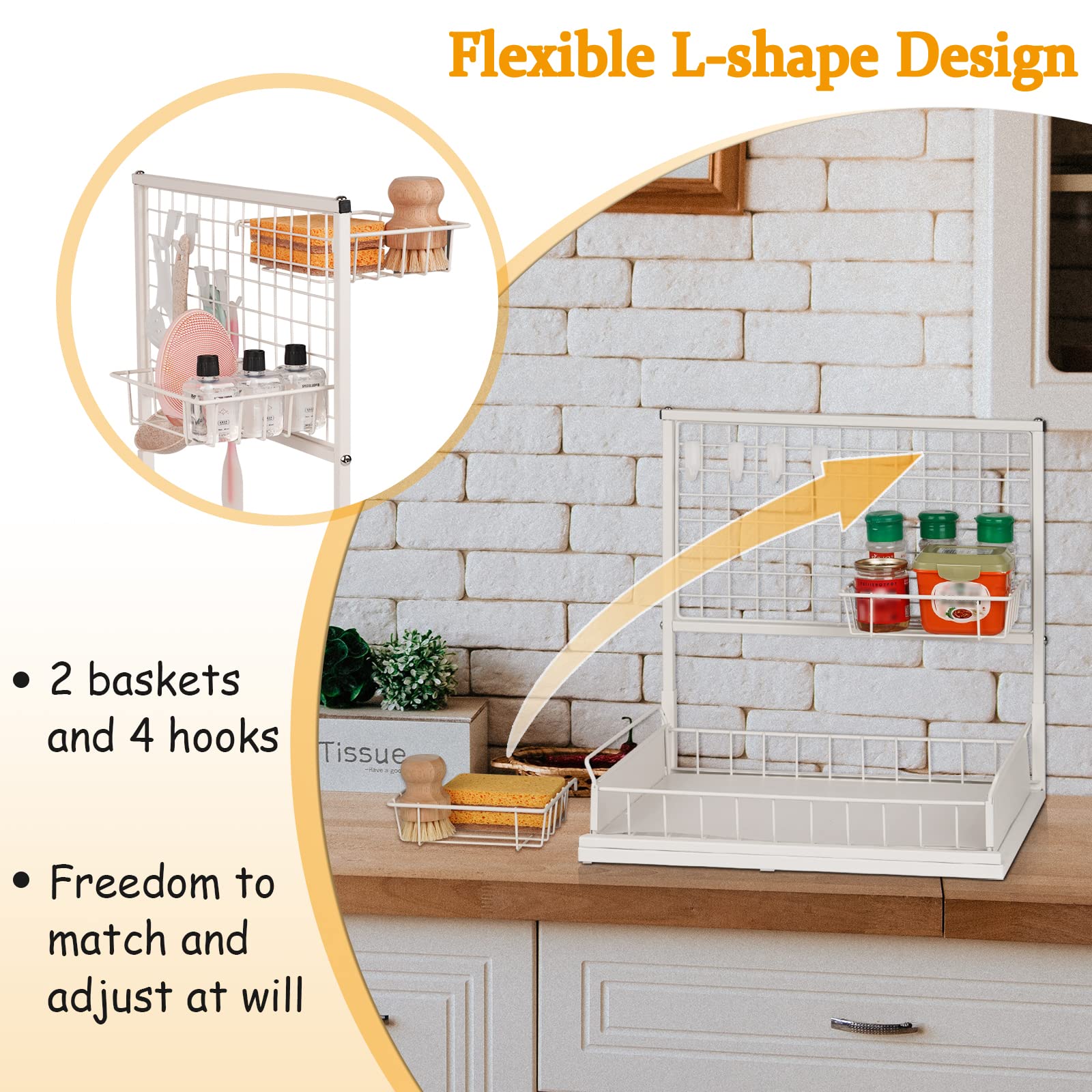 Ozzptuu Under Sink Organizers and Storage, Organizer Kitchen Bathroom Storage with Sliding Drawer 2 Metal Baskets 4 Hooks for Home Kitchen, New White-1 (ASDF1881)