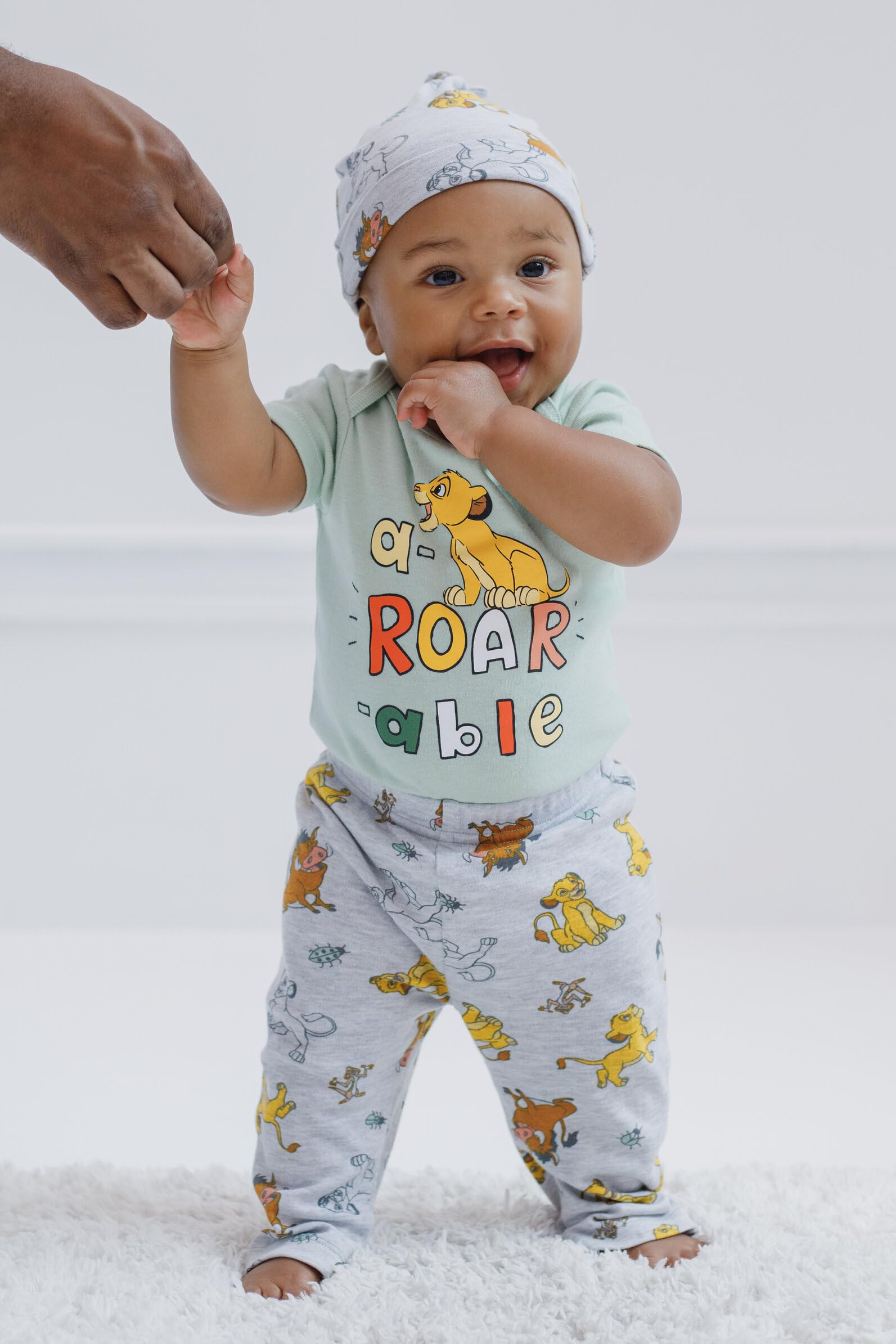 Disney Lion King Pumbaa Timon Simba Infant Baby Boys Bodysuit Pants and Hat 3 Piece Outfit Set Gray/Green 12 Months