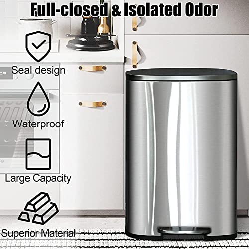 13 Gallon Steel Step Trash Can,Kitchen Trash Can with Lid & Inner Buckets , Stainless Steel Rectangular Garbage Bin , 50 L Pedal Soft Step Slow & Silent Open Close Dustbin for Kitchen, Office (Silver)
