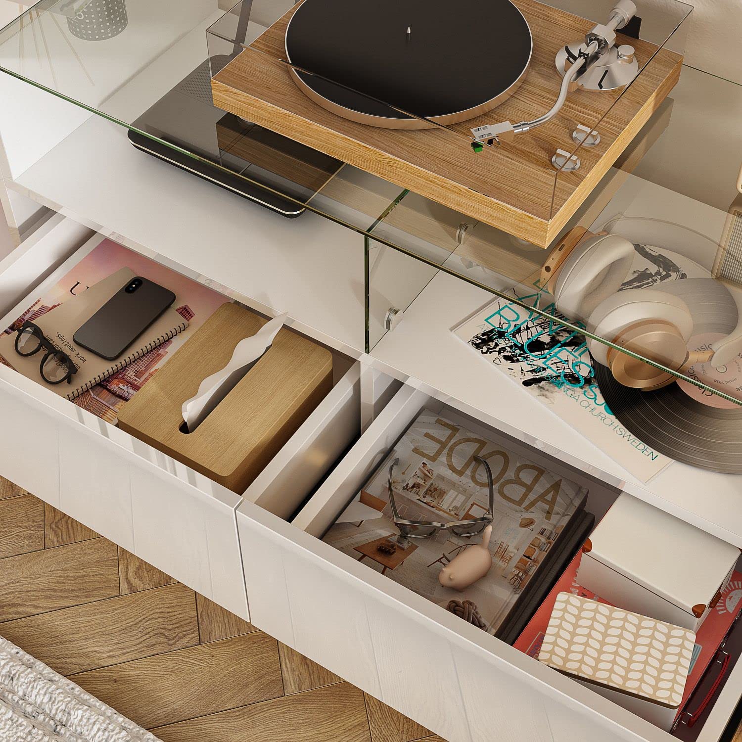 FAMAPY Modern TV Console Table with Lights & Glass Shelves, High Gloss TV Cabinet Media Console with Drawers and Doors, for Living Room White (66.9”W x 15.7”D x 17”H)