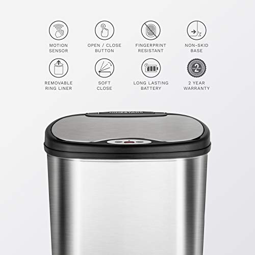 NINESTARS CB-DZT-50-13/12-13 Automatic Touchless Infrared Motion Sensor Trash Can Combo Set, 13 Gal 50L & 3 Gal 12L, Stainless Steel Base (Oval, Silver/Black Lid)