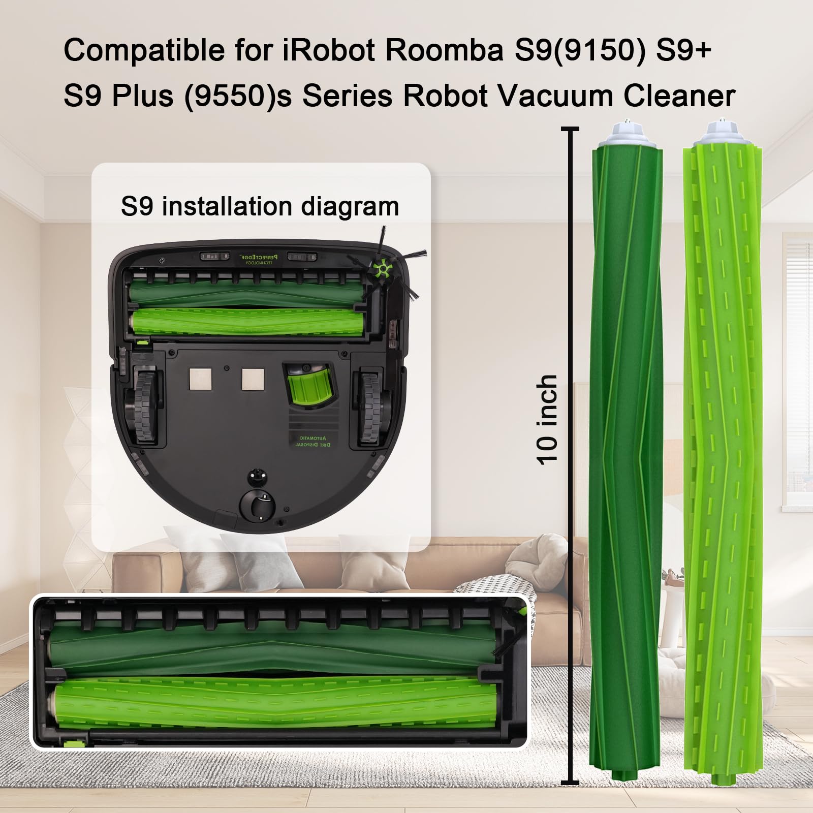 4 Set Rubber Roller Brush Replacement Parts for IRobot Roomba S9 (9150) S9+ S9 Plus (9550) S Series Vacuum Cleaner, Multi-Surface Rubber Brushes