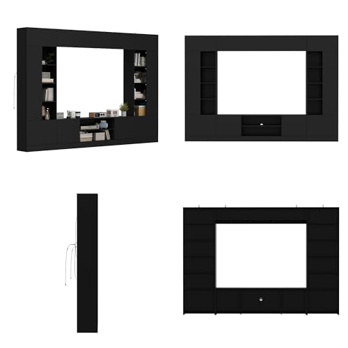 AIEGLE Lighted Entertainment Wall Unit Set with Bridge, Modern TV Stand with 3 Color Light, Up-Flip Doors & Shelves, Large Console Storage Cabinet Set for TVs Up to 70", Black (114.2"Wx11.8"Dx78.7"H)