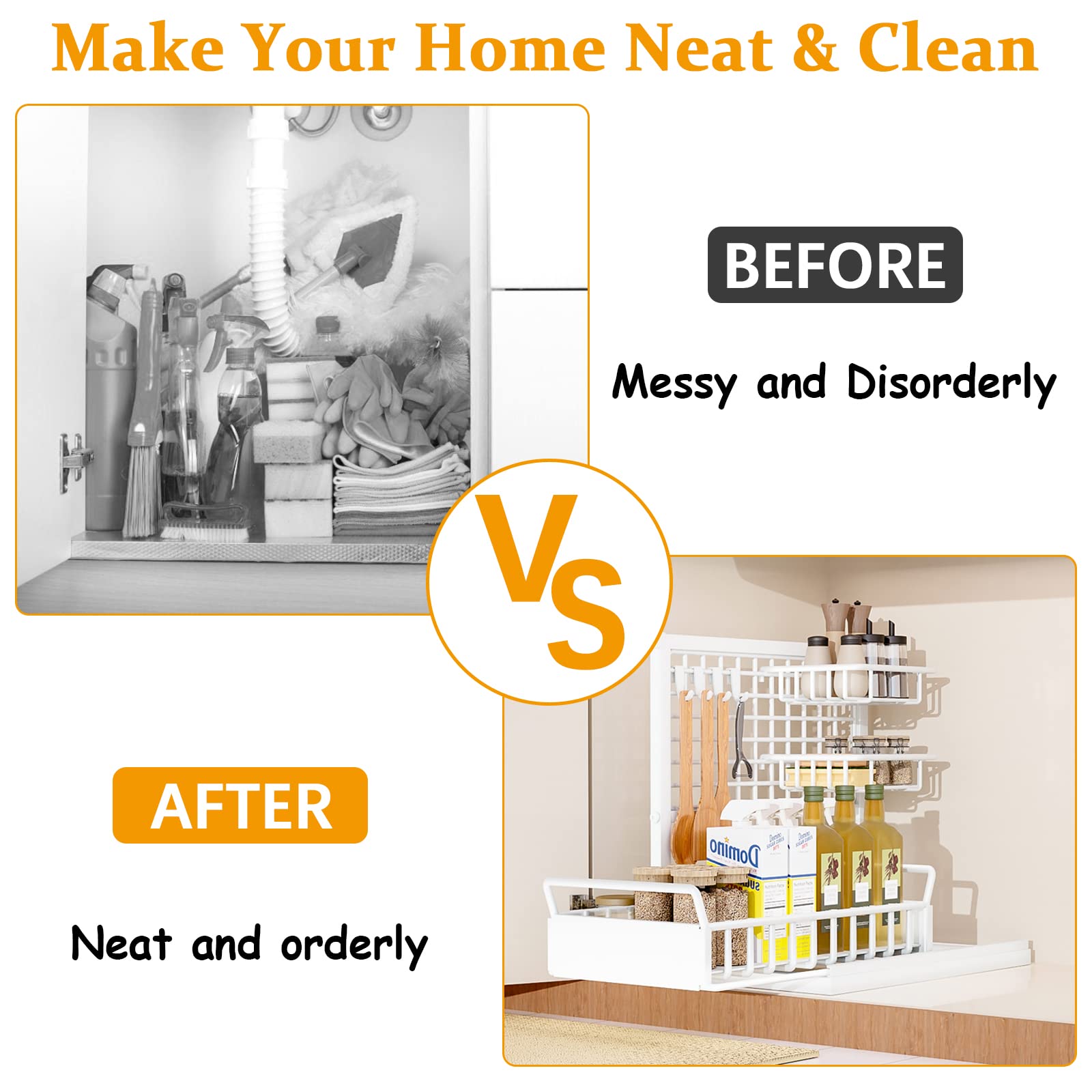 Ozzptuu Under Sink Organizers and Storage, Organizer Kitchen Bathroom Storage with Sliding Drawer 2 Metal Baskets 4 Hooks for Home Kitchen, New White-1 (ASDF1881)