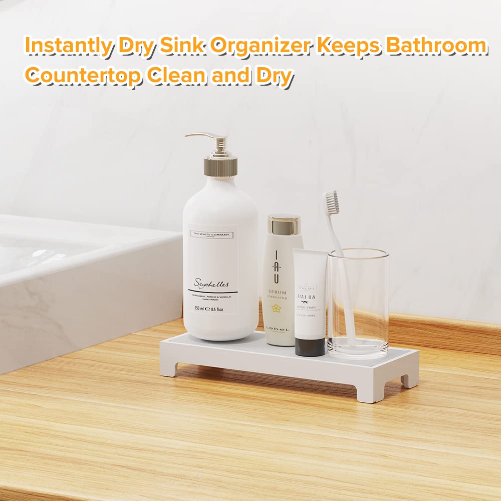 Sink Caddy, EnjoyNest Instant Dry Sink Organizer Sponge Soap Holder for Kitchen Sink Bathroom Countertop Fast Drying Rack Counter Tray Water Absorbing Stone Pedestal Stand Riser for Bottle Brush-White