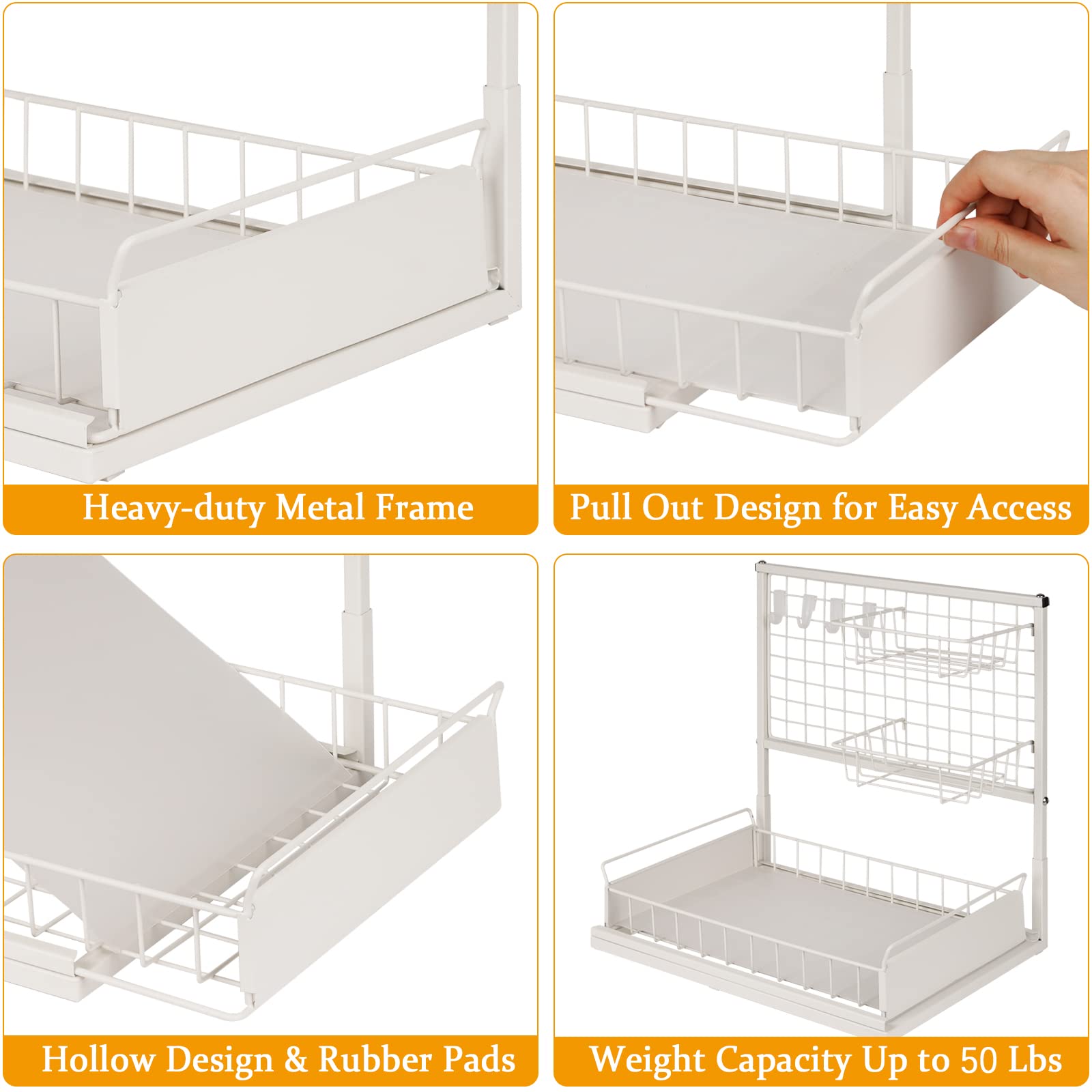 Ozzptuu Under Sink Organizers and Storage, Organizer Kitchen Bathroom Storage with Sliding Drawer 2 Metal Baskets 4 Hooks for Home Kitchen, New White-1 (ASDF1881)