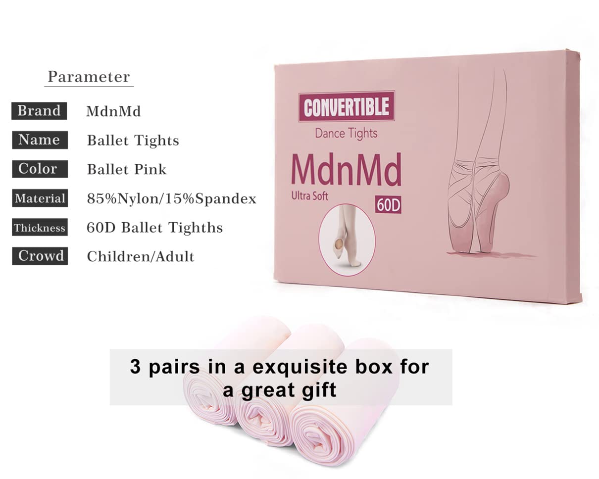 MdnMd 3 Pack Women's Dance Tights Ballet Ultra Soft Transition Footless Dancer Tight Stocking for Girls (Ballet Pink, Child Age 11-14)